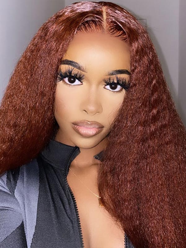 Junoda Reddish Brown Kinky Straight 4x4 Lace Front Wig Auburn Copper C ...