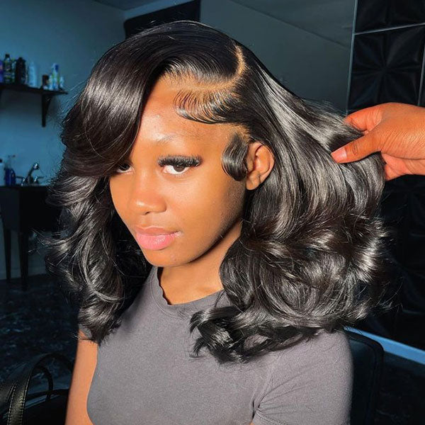 Junoda Body Wave C-Shaped Side Part Short Bob Lace Wig Pre Plucked Hum ...