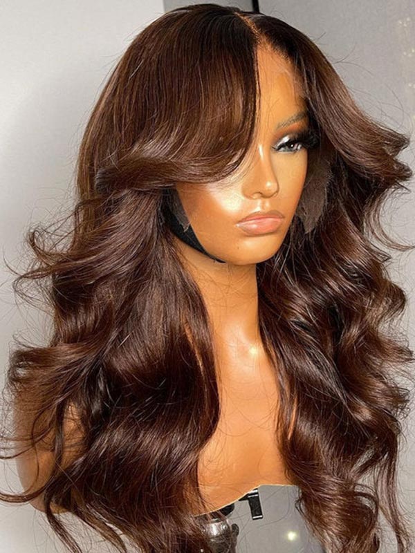 Junoda Chocolate Brown Body Wave Wig with Curtain Bangs Colored Human ...