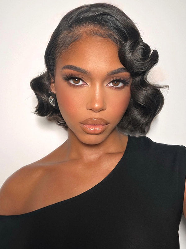 Junoda Pixie Cut Wavy Bob Wig Side Part Short Retro Human Hair Wigs fo ...