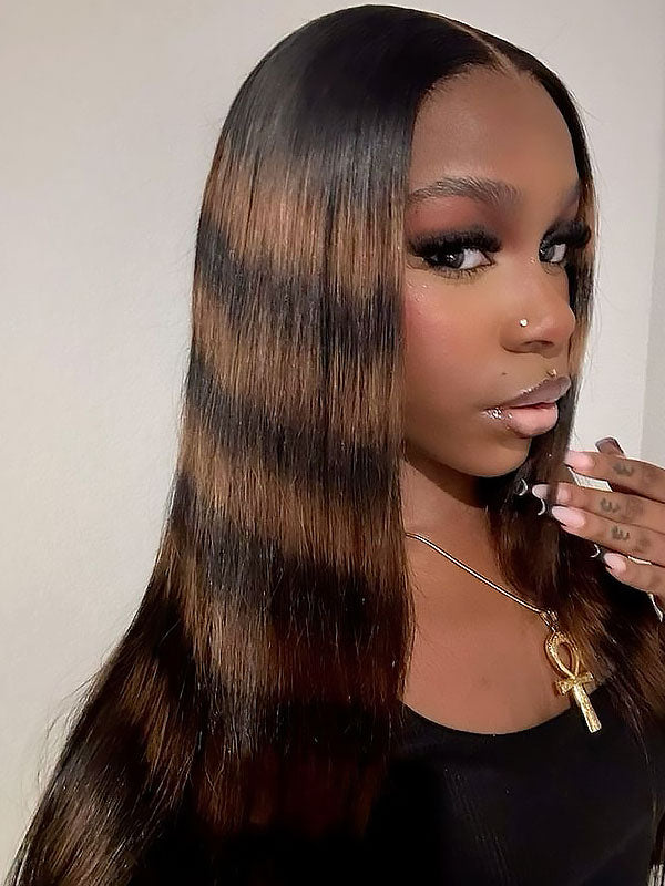 Junoda Straight Zebra Print Straight Wig Highlight Ginger Brown Mix Bl ...