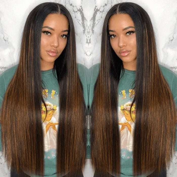 Invisi Drawstring Balayage Highlight Brown Straight Glueless V Part Wi ...