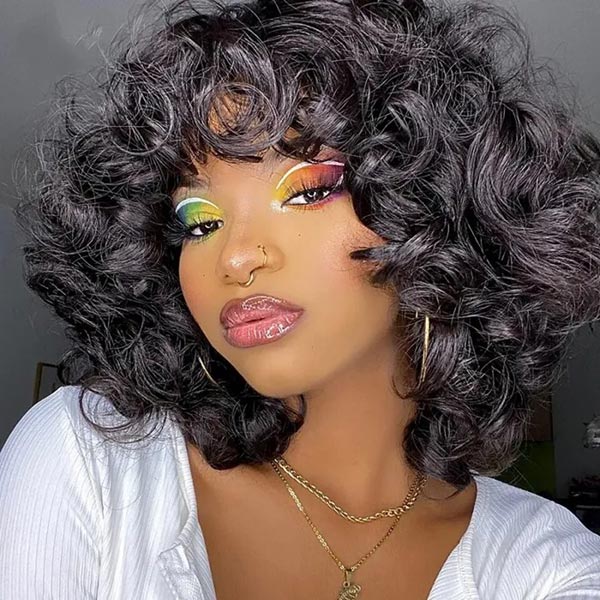Junoda Bouncy Curly Human Hair Wig With Bangs Short Bob Wigs Natural B ...