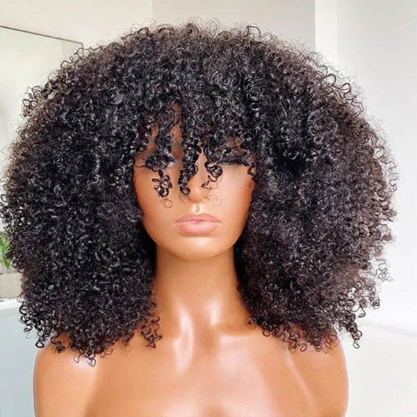 Junoda Double Drawn Afro Kinky Curly Bob Wig With Bangs 4B 3C Capless ...