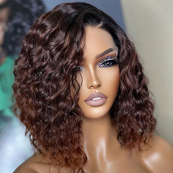 Junoda T1B/Dark Brown Color Deep Wave Asymmetrical Bob Wig Ombre Curly ...